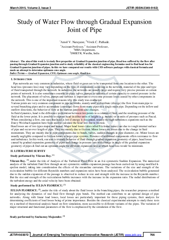 (PDF) Study of water flow through gradual expansion joint of pipe