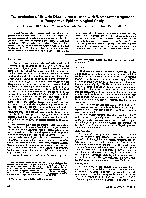 (PDF) Transmission of enteric disease associated with wastewater ...