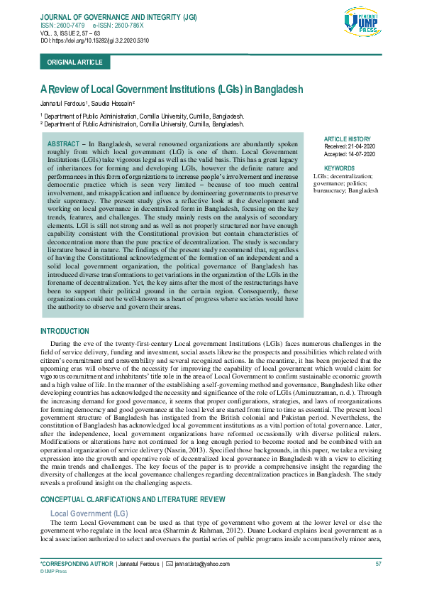 (PDF) A Review of Local Government Institutions (LGIs) in Bangladesh