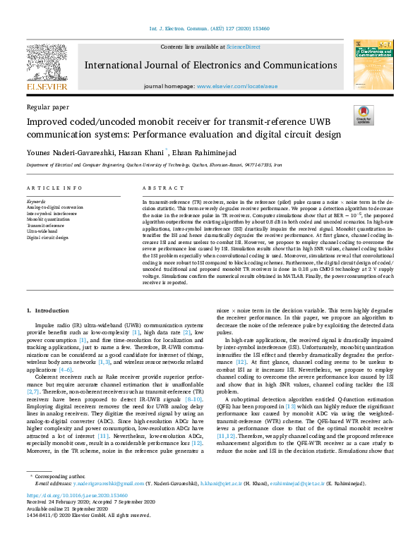 (PDF) Improved coded/uncoded monobit receiver for transmit-reference UWB communication systems ...