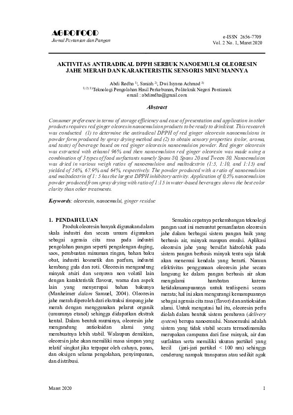 (PDF) Aktivitas Antiradikal DPPH Serbuk Nanoemulsi Oleoresin Jahe Merah ...