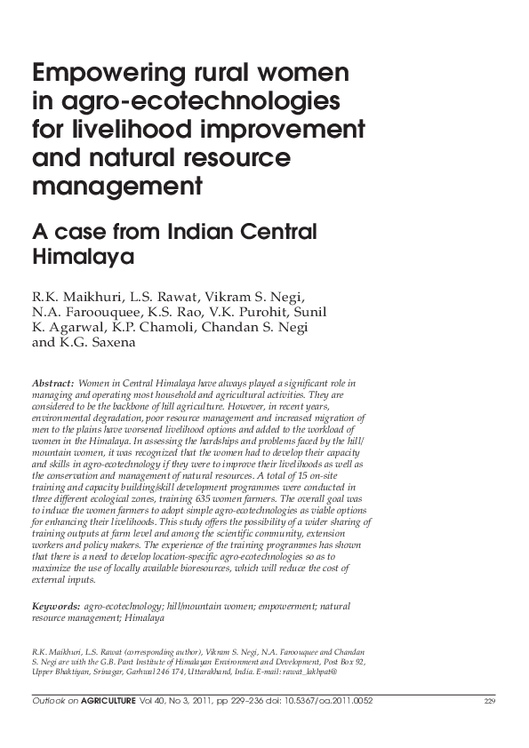 (PDF) Empowering rural women in agro-ecotechnologies for livelihood ...