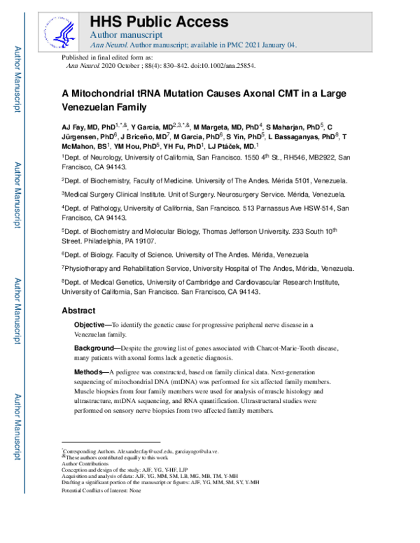 (PDF) A Mitochondrial tRNA Mutation Causes Axonal CMT in a Large ...
