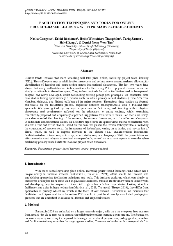 (PDF) Facilitation Techniques and Tools for Online Project-Based Learning with Primary School ...