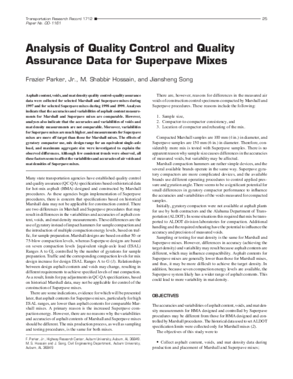 (PDF) Analysis of Quality Control and Quality Assurance Data for Superpave Mixes
