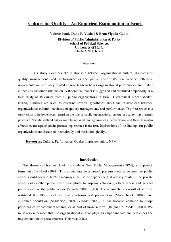 (PDF) Culture for Quality – An Empirical Examination in I srael