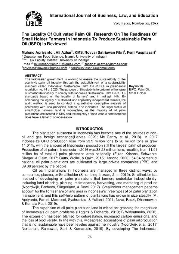 (PDF) The Legality Of Cultivated Palm Oil, Research On The Readiness Of ...