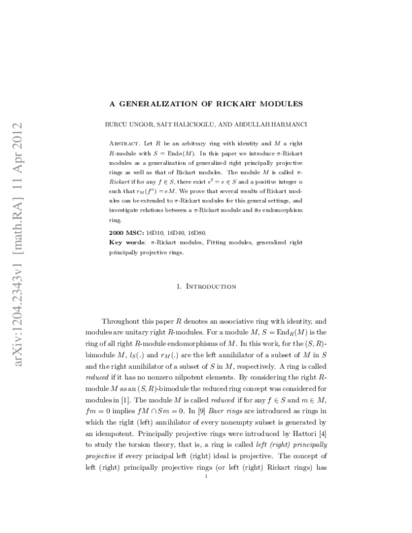 (PDF) A Generalization of Rickart Modules