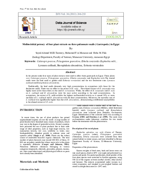 (PDF) Molluscicidal potency of four plant extracts on three pulmonate ...