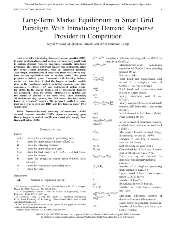 (PDF) Long-Term Market Equilibrium in Smart Grid Paradigm With Introducing Demand Response ...