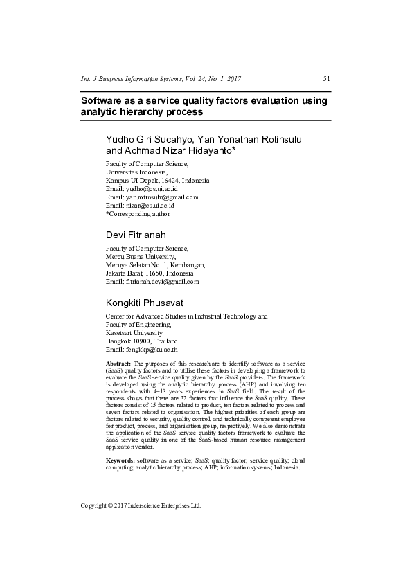 Pdf Software As A Service Quality Factors Evaluation Using Analytic Hierarchy Process