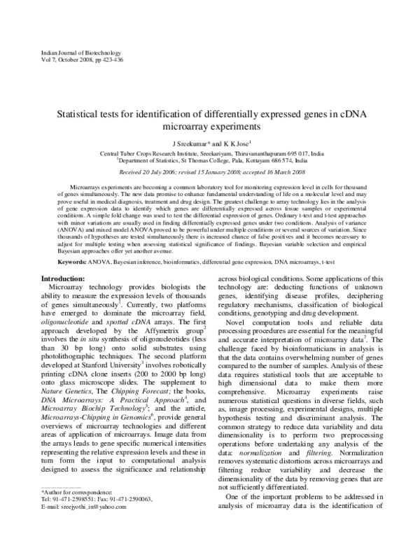 Pdf Statistical Tests For Identification Of Differentially Expressed Genes In Cdna Microarray