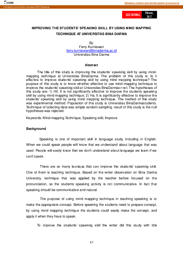 (PDF) Improving the Students’ Speaking Skill by Using Mind Mapping Technique at Universitas Bina ...