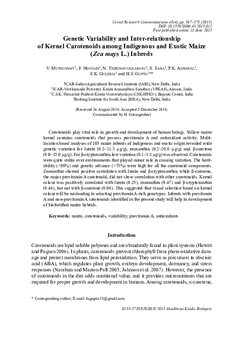 Pdf Genetic Variability And Inter Relationship Of Kernel Carotenoids
