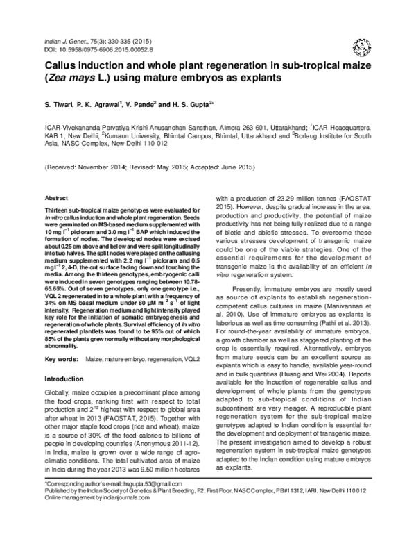 (PDF) Callus induction and whole plant regeneration in sub-tropical ...