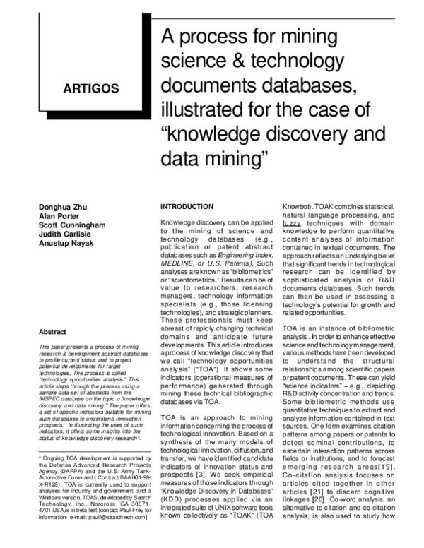 (PDF) A process for mining science & technology documents databases, illustrated for the case of ...