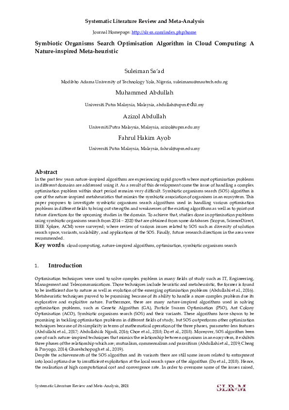 (PDF) Symbiotic Organisms Search Optimization Algorithm in Cloud Computing: A Nature-inspired ...