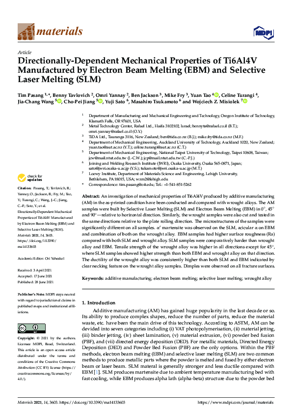 (PDF) Directionally-Dependent Mechanical Properties of Ti6Al4V Manufactured by Electron Beam ...