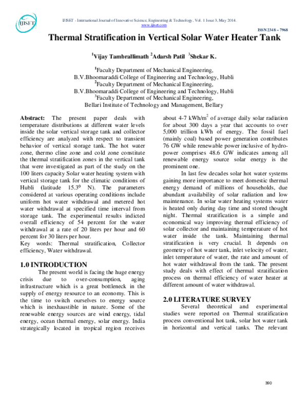 (PDF) Thermal Stratification in Vertical Solar Water Heater Tank