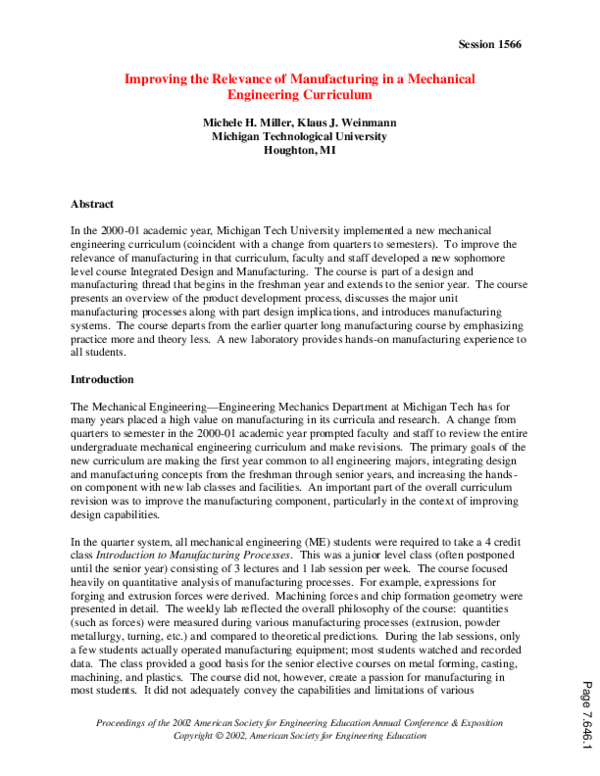 (PDF) Improving The Relevance Of Manufacturing In A Mechanical ...