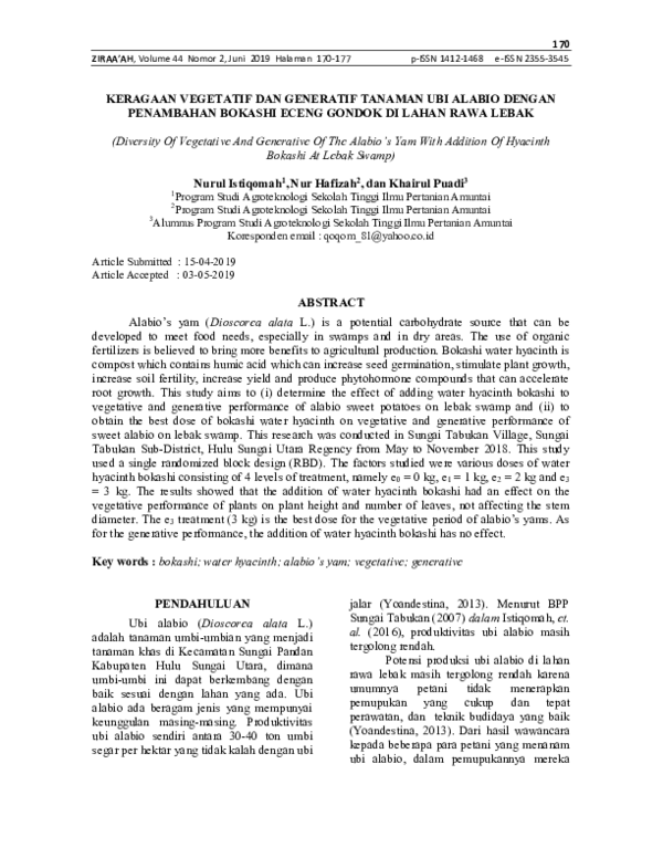 (PDF) Keragaan Vegetatif Dan Generatif Tanaman Ubi Alabio Dengan ...