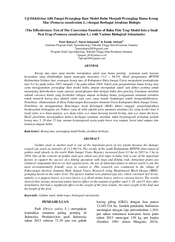 (PDF) Uji Efektivitas Alih Fungsi Perangkap Ikan Model Bubu Menjadi ...
