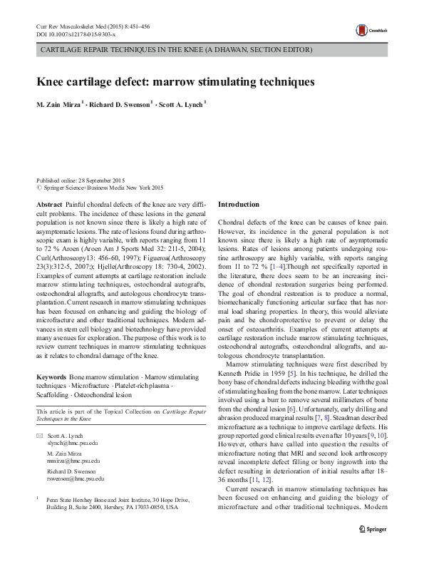 (PDF) Knee cartilage defect: marrow stimulating techniques