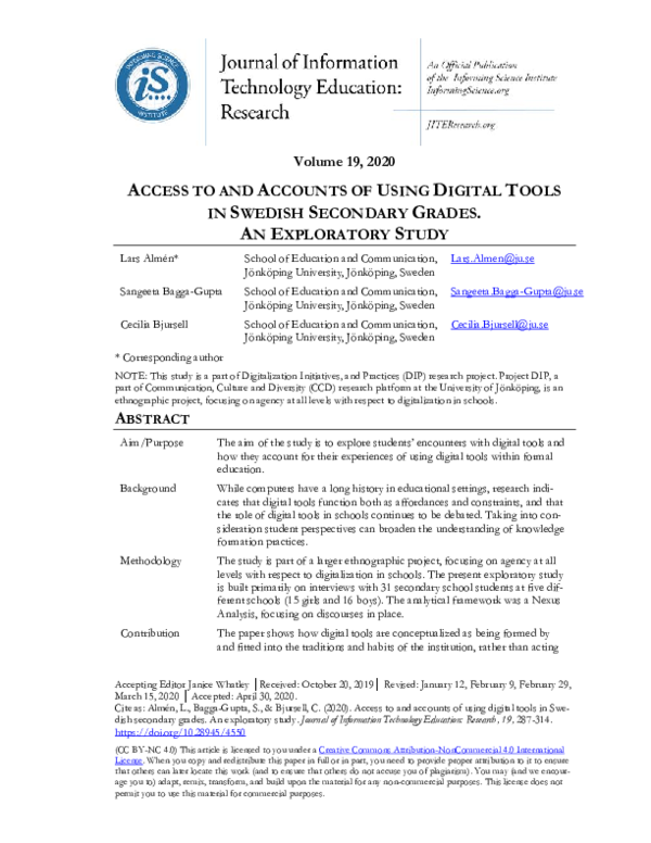 (PDF) Access to and Accounts of Using Digital Tools in Swedish Secondary Grades. An Exploratory ...