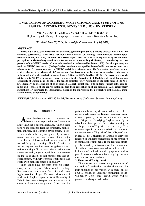 (PDF) Evaluation of Academic Motivation, A Case Study of Eng-lish ...