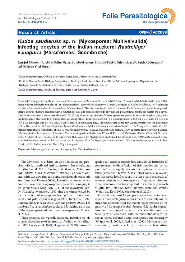 (PDF) Kudoa saudiensis sp. n. (Myxosporea: Multivalvulida) infecting ...