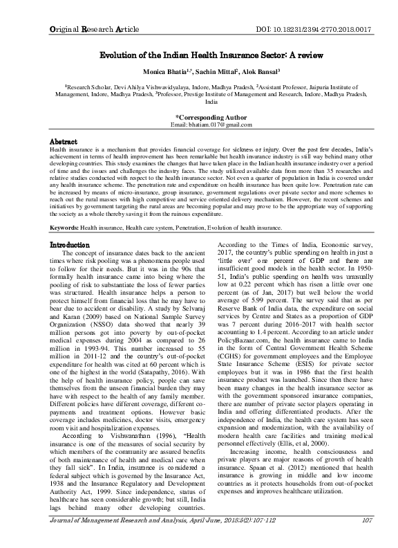 (PDF) Evolution of the Indian Health Insurance Sector: A review
