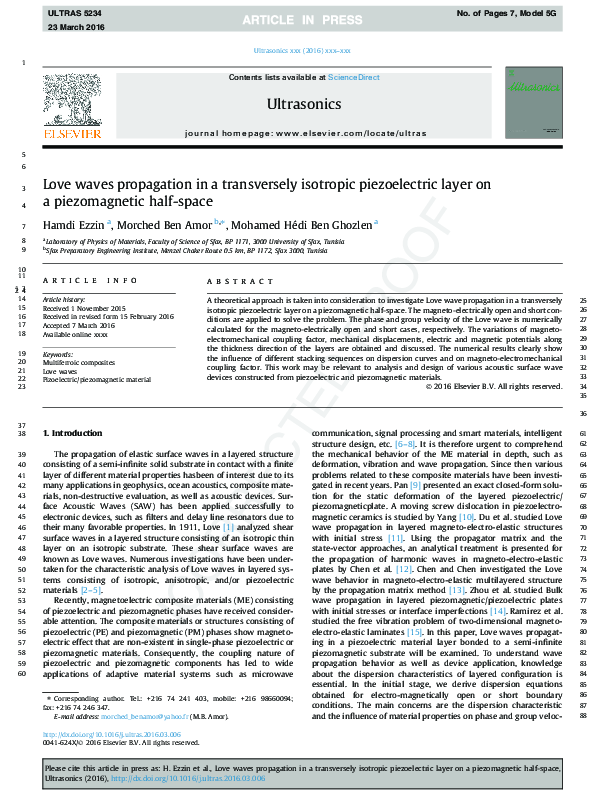 (PDF) Love waves propagation in a transversely isotropic piezoelectric layer on a piezomagnetic ...