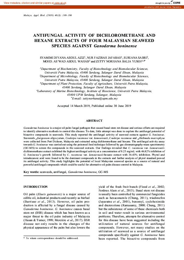 Pdf Antifungal Activity Of Dichloromethane And Hexane Extracts Of