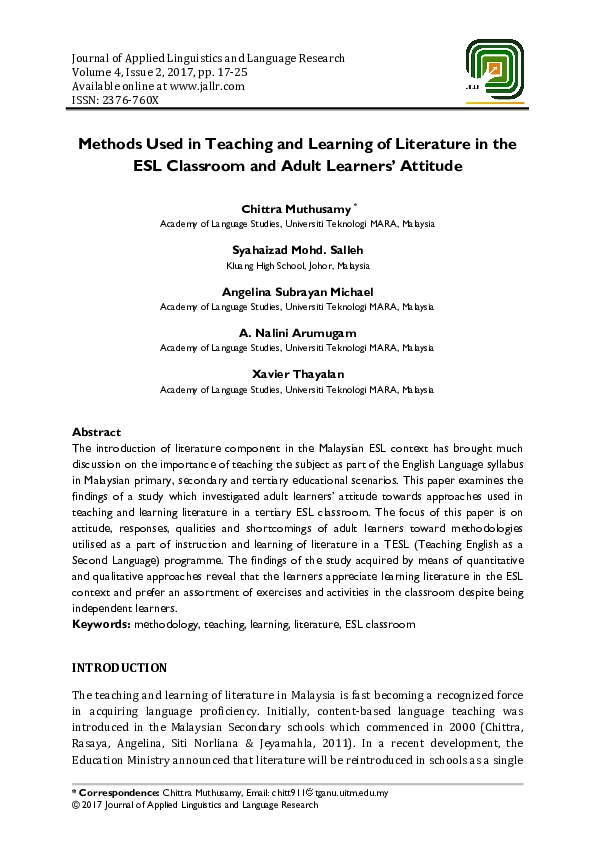 (PDF) Methods Used in Teaching and Learning of Literature in the ESL ...