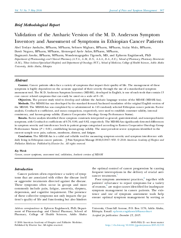 (PDF) Validating Amharic MDASI for Ethiopian Cancer Patients