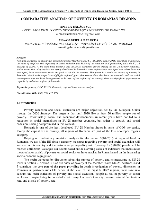 (PDF) Comparative Analysis Of Poverty In Romanian Regions