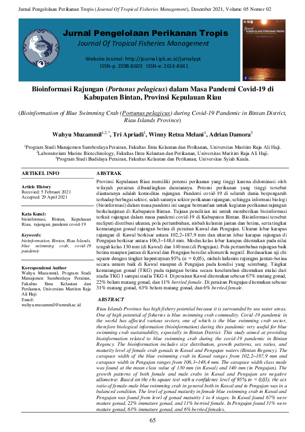 (PDF) Bioinformation of Blue Swimming Crab (Portunus pelagicus) during Covid-19 Pandemic in ...
