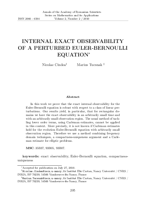 (PDF) Internal Exact Observability of a Perturbed Euler-Bernoulli Equation