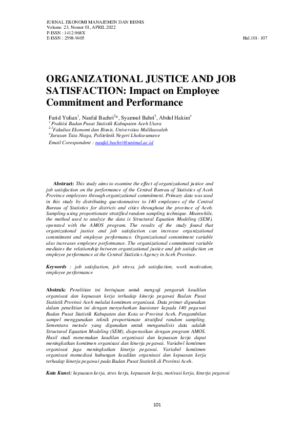 (PDF) ORGANIZATIONAL JUSTICE AND JOB SATISFACTION: Impact on Employee Commitment and Performance