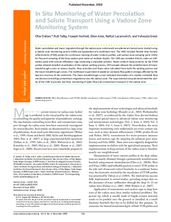 Pdf In Situ Monitoring Of Water Percolation And Solute Transport Using A Vadose Zone