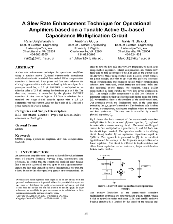(PDF) A slew rate enhancement technique for operational amplifiers based on a tunable active Gm ...