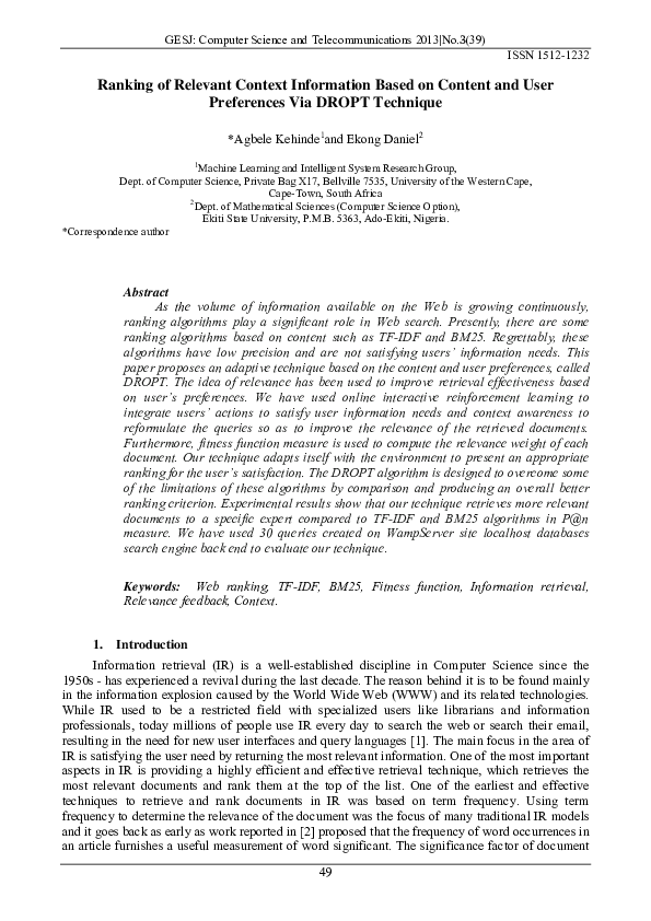 (PDF) Ranking of Relevant Context Information Based on Content and User Preferences Via DROPT ...