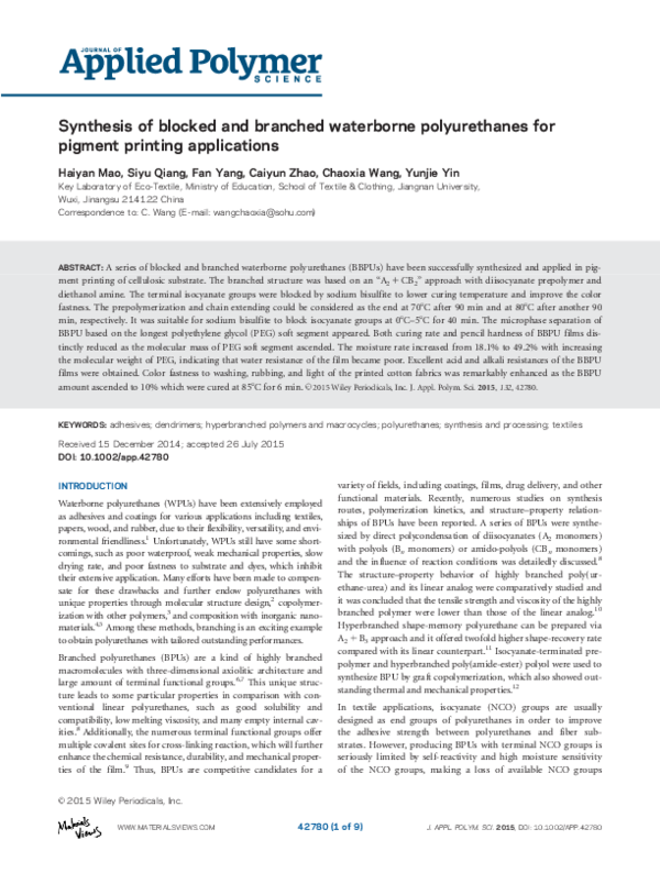 (PDF) Synthesis of blocked and branched waterborne polyurethanes for ...