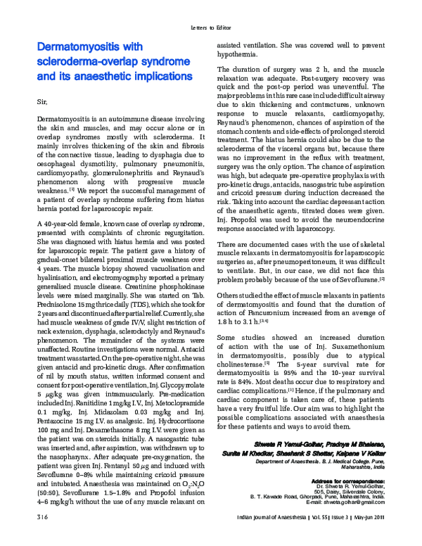 Pdf Dermatomyositis With Scleroderma Overlap Syndrome And Its Anaesthetic Implications