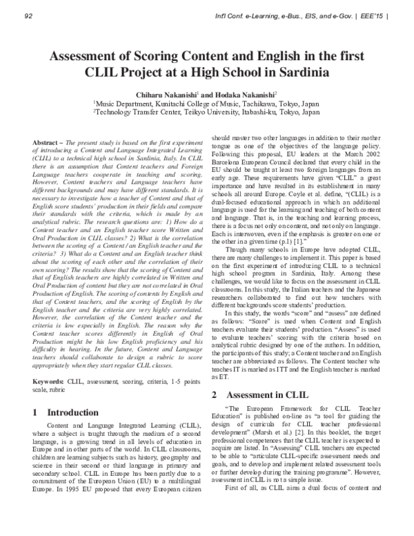 (PDF) Assessment of Scoring Content and English in the first CLIL Project at a High School in ...