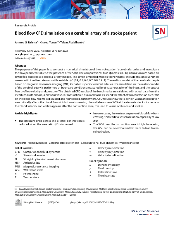 (PDF) Blood flow CFD simulation on a cerebral artery of a stroke patient