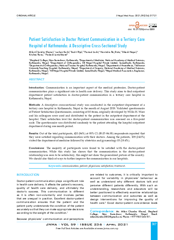 (PDF) Patient Satisfaction in Doctor Patient Communication in a ...