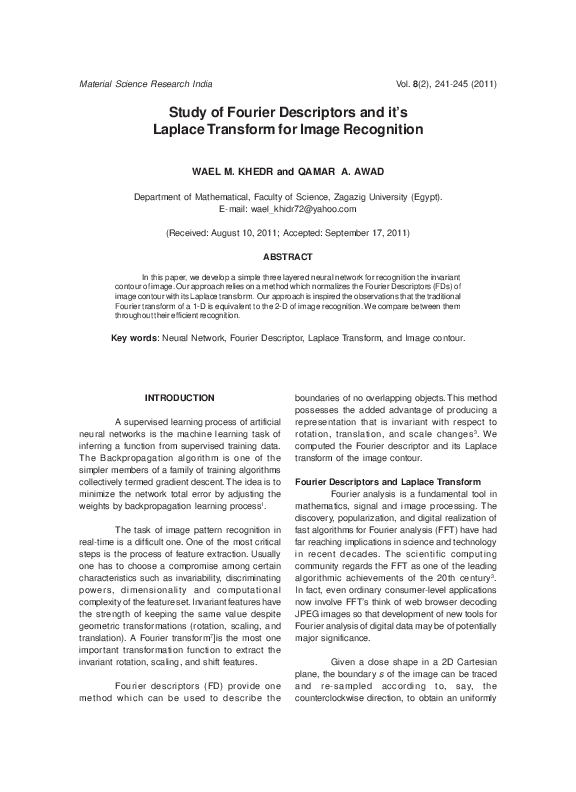 (PDF) Study of Fourier Descriptors and It’s Laplace Transform for Image Recognition