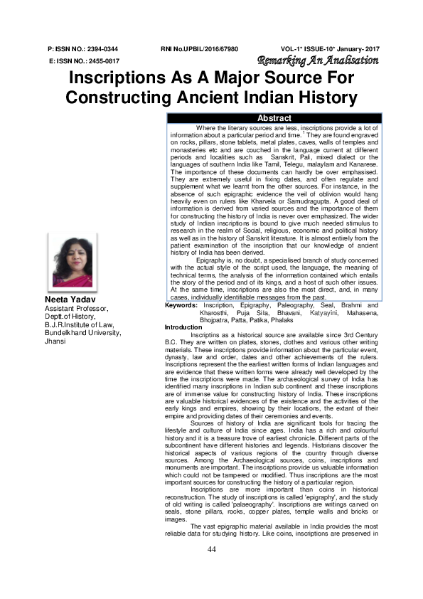 (PDF) Inscriptions As A Major Source For Constructing Ancient Indian ...