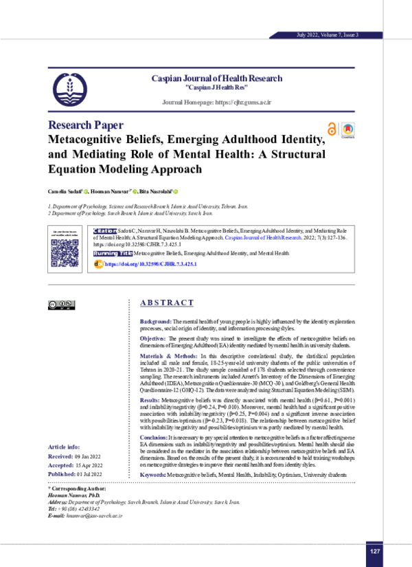 (PDF) Research Paper Metacognitive Beliefs, Emerging Adulthood Identity ...